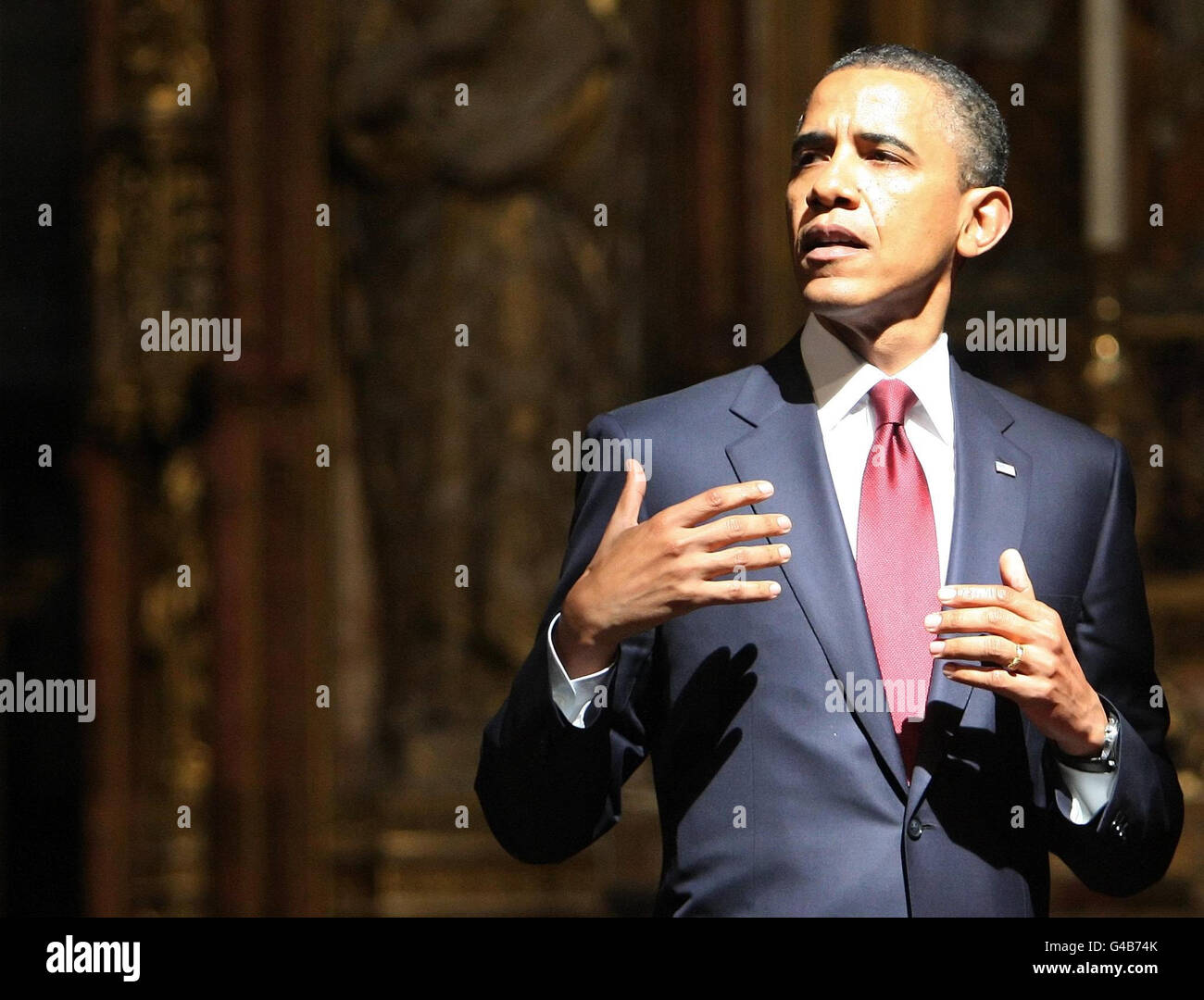 US President Barack Obama, gestures during a tour of Westminster Abbey ...