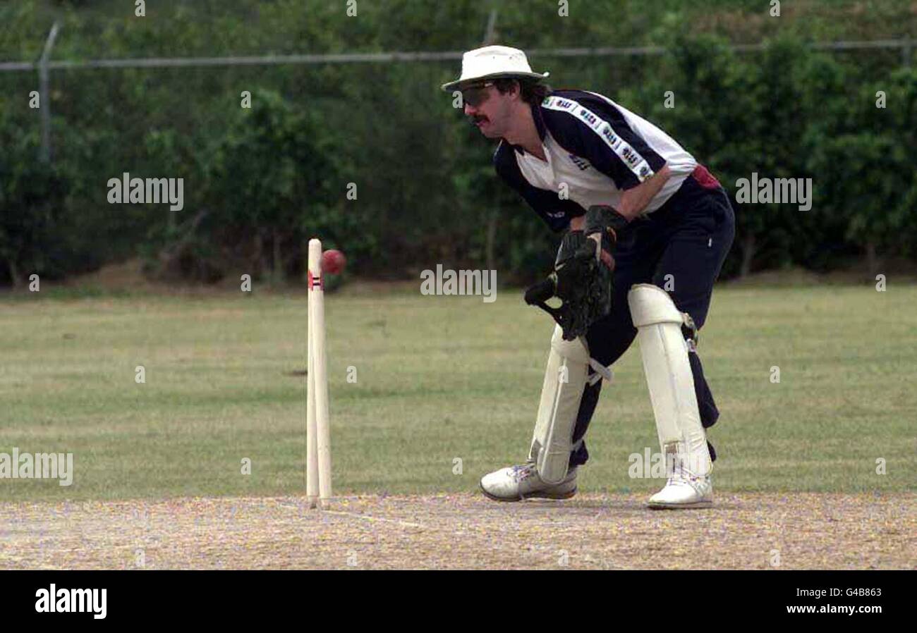 England's Jack Russell practises his wicketkeeping at net practice ...