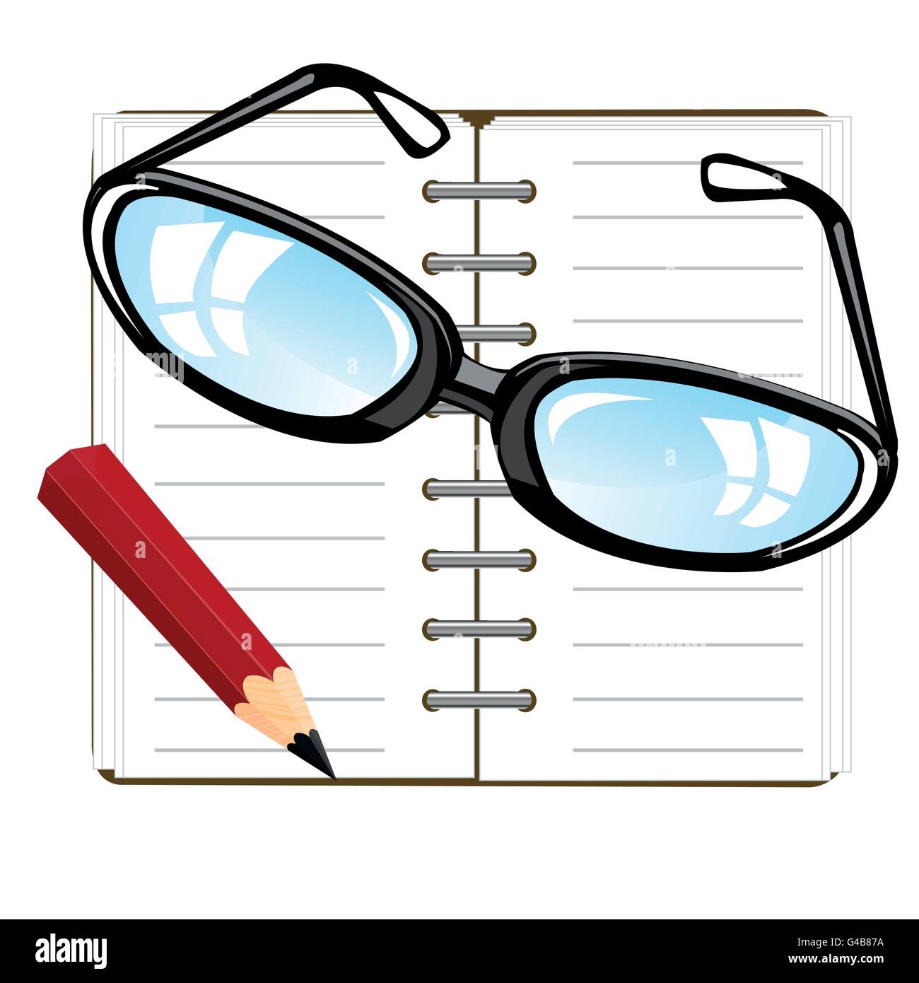 Open note pad and pencil with spectacles on white background Stock ...