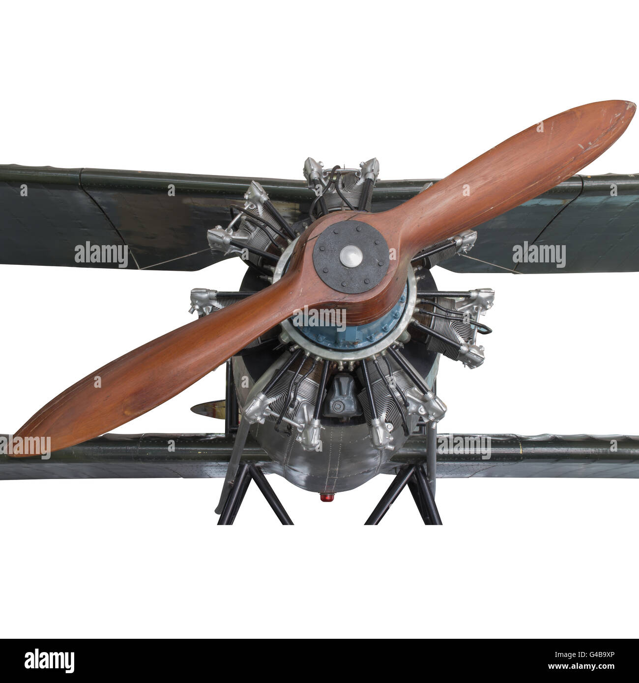 Frontal view of a vintage aircraft shows the engine and propeller Stock ...