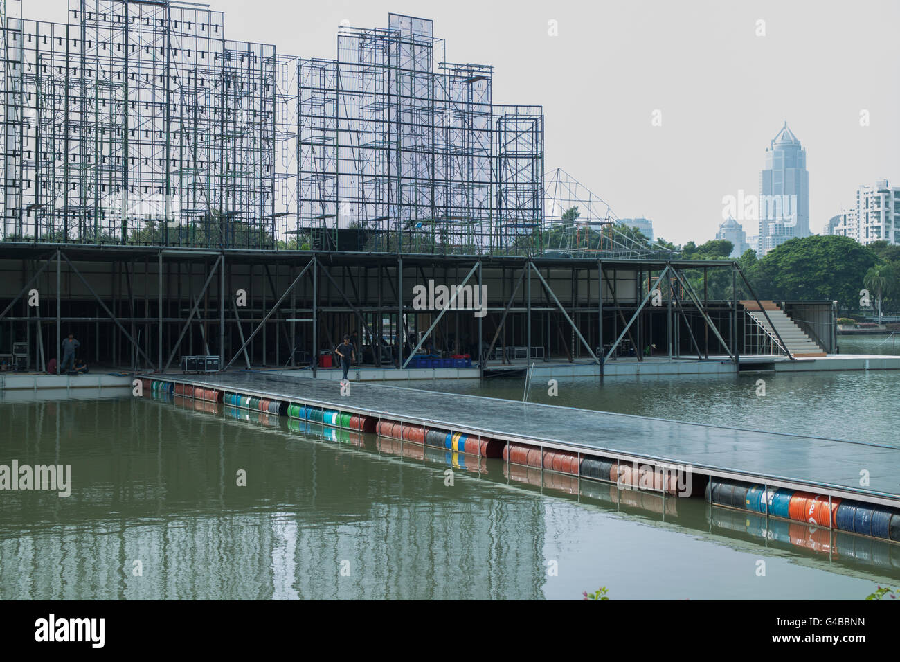 Construction on the bridge on the water surface Stock Photo - Alamy