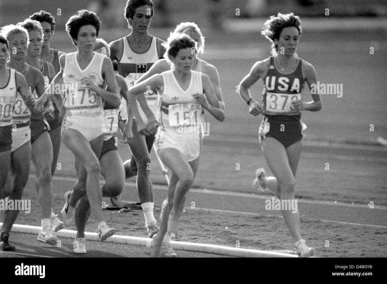 Mary Decker (USA) leads from Zola Bud (GBR). Also pictured Wendy Sly ...