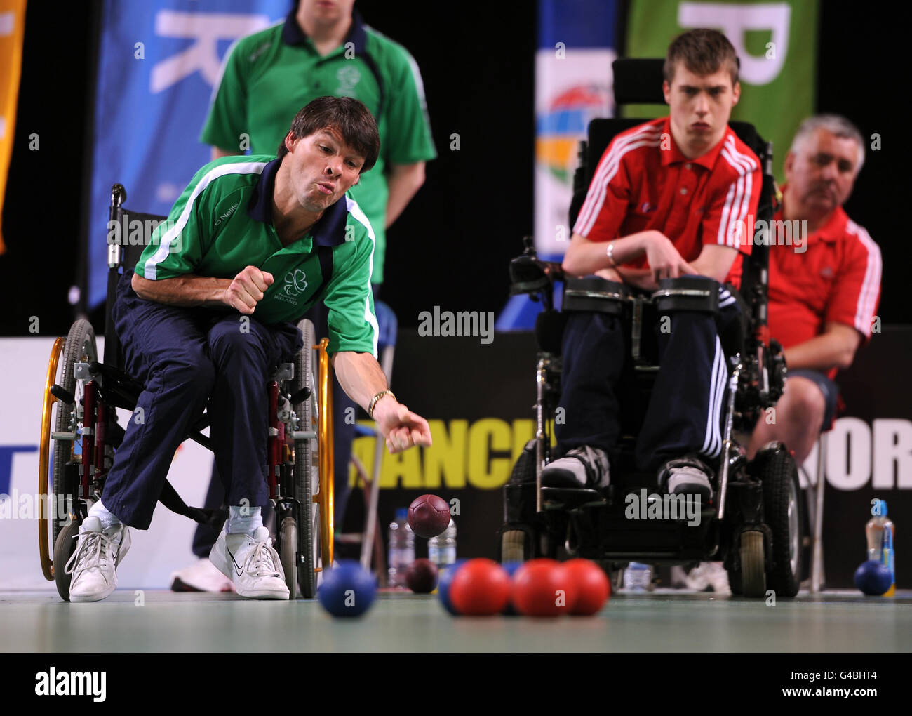 Ireland's Gabriel Shelly (left) takes a shot during the Boccia ...