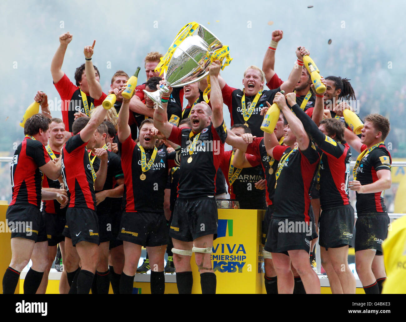 Saracens' captain Steve Borthwick lifts the cup after victory during ...