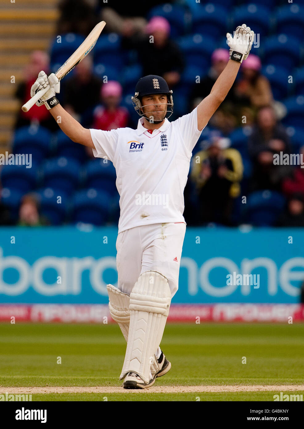 Englands Jonathan Trott Celebrates Reaching His Century During Day