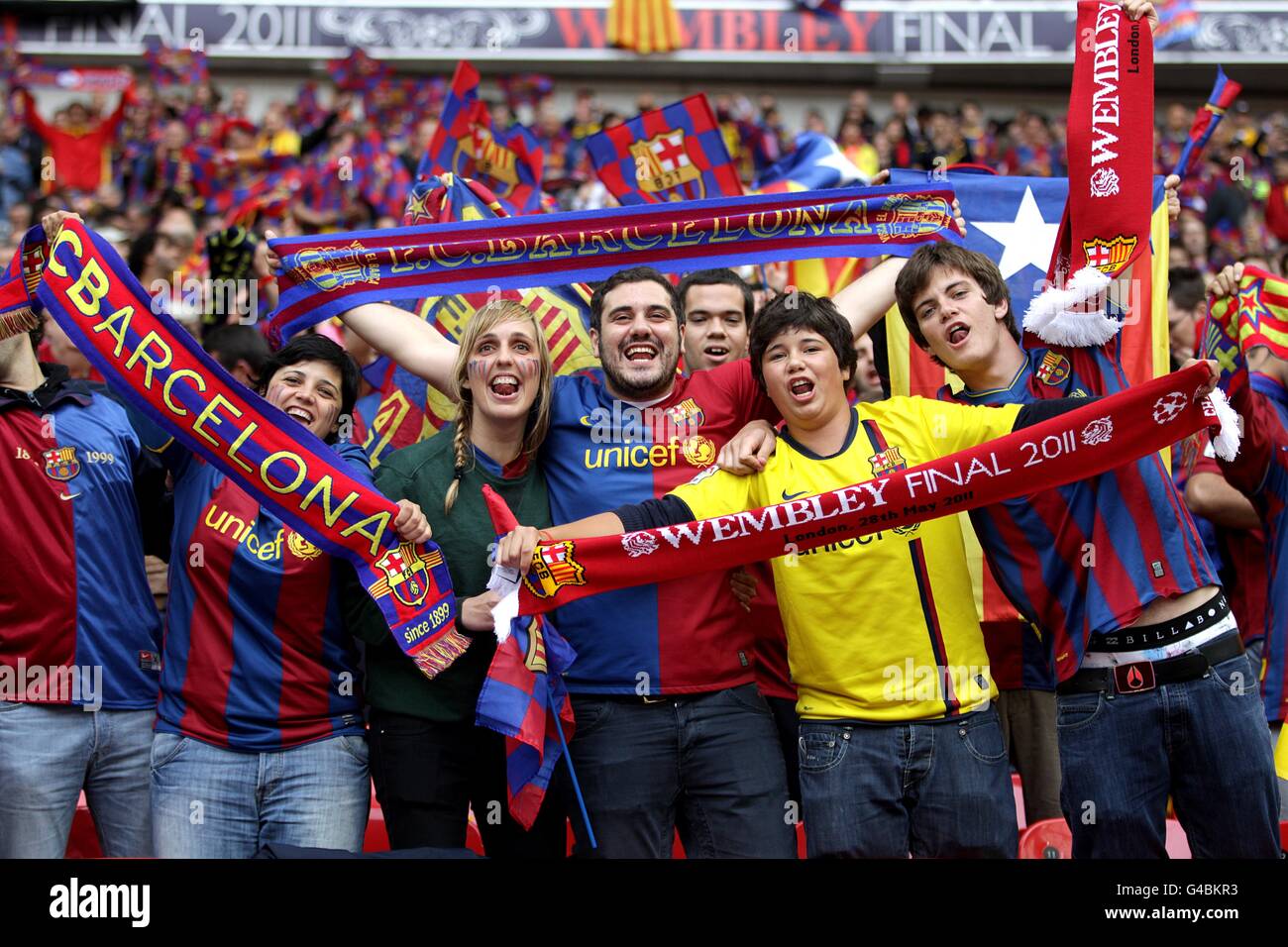 Barcelona fans show their support in the stands prior to kick-off Stock ...