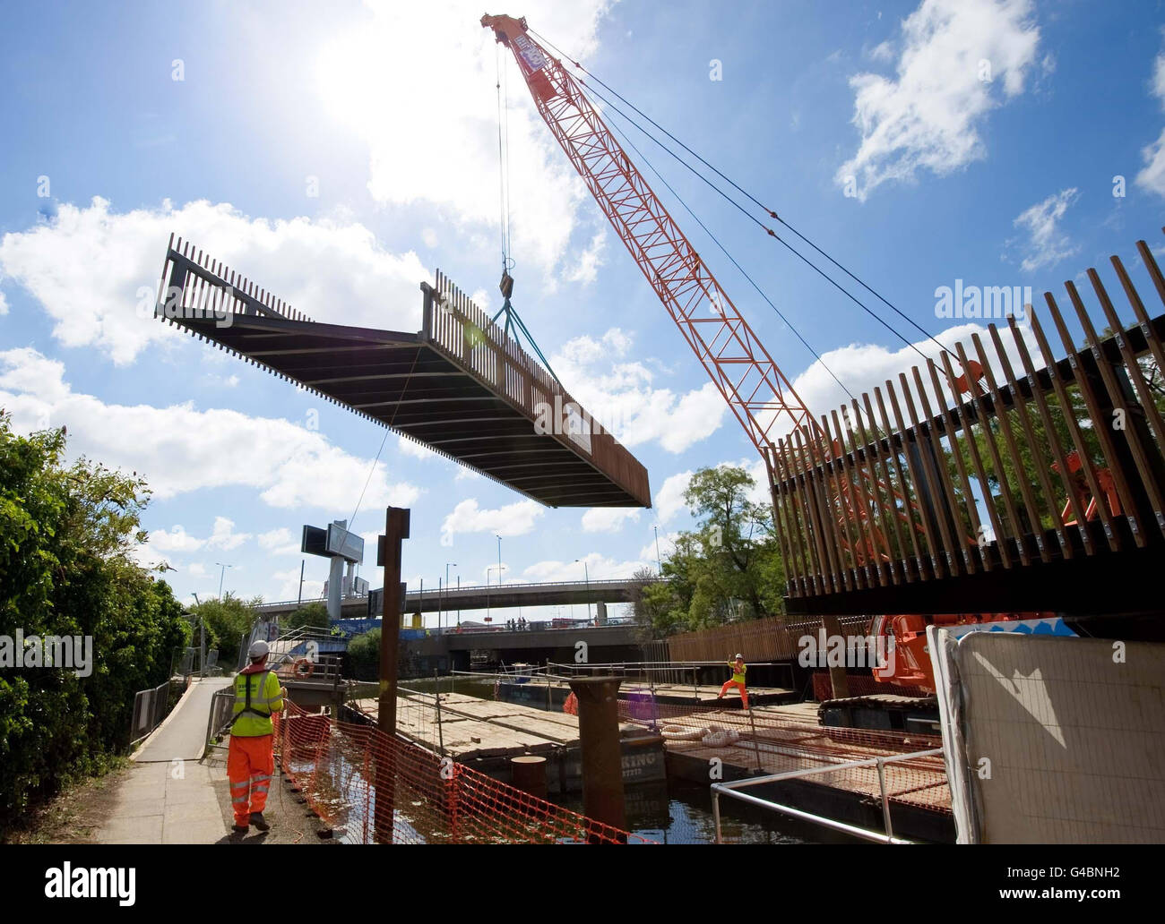 River Lee Navigation towpath bridge lowered into place Stock Photo - Alamy