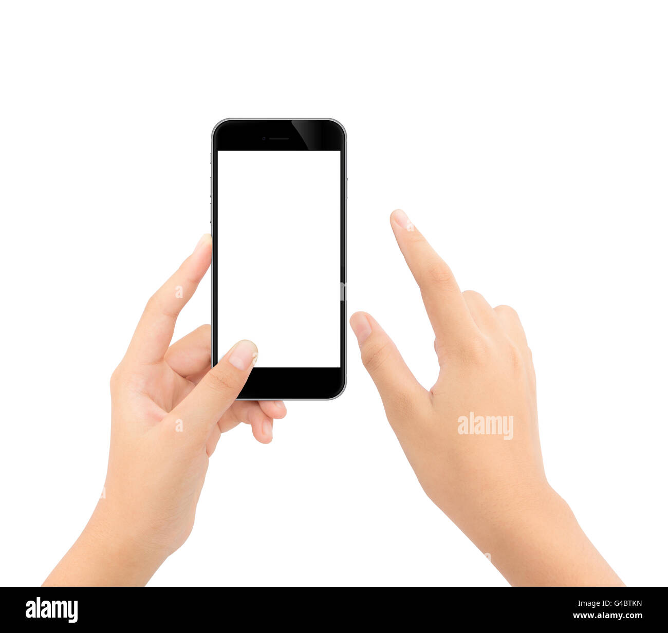 close up hand touching on phone isolated white clipping path inside ...