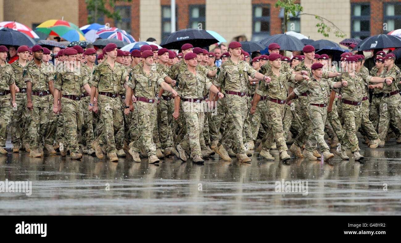 Troops of the Parachute Regiment parade at their barracks in Colchester ...