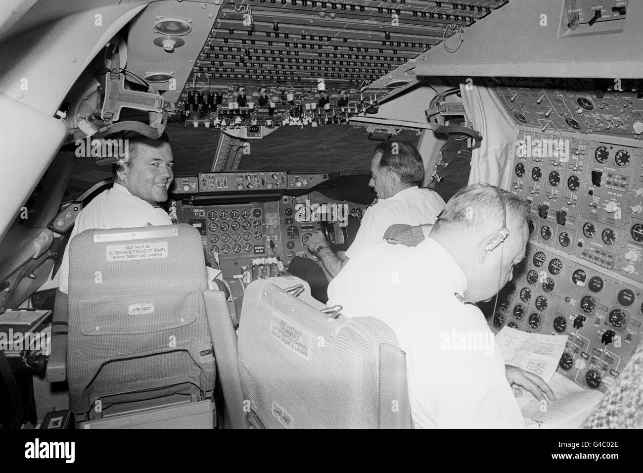 View of the pilots at the flight deck of the giant Boeing 747 jumbo jet ...