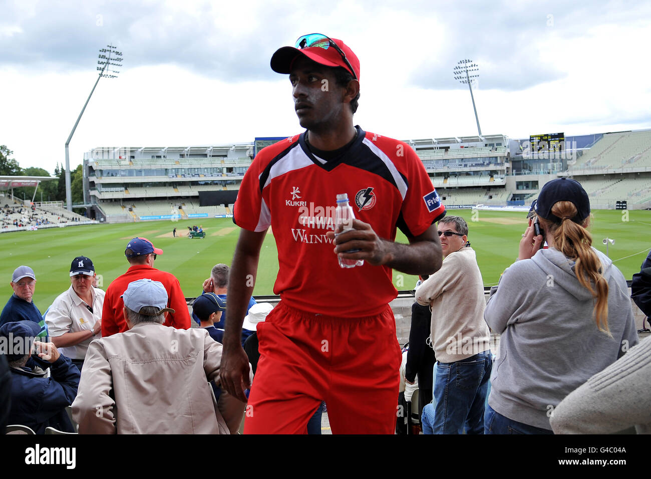 Lancashire Lightning's Farveez Maharoof makes his way back to the ...
