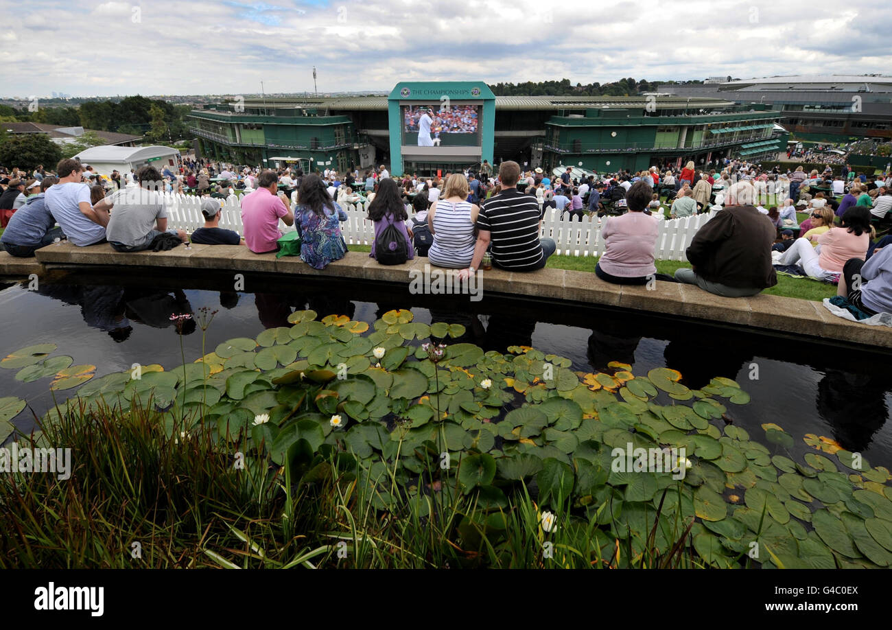 General views of the crowd watching the action on the big screen during ...