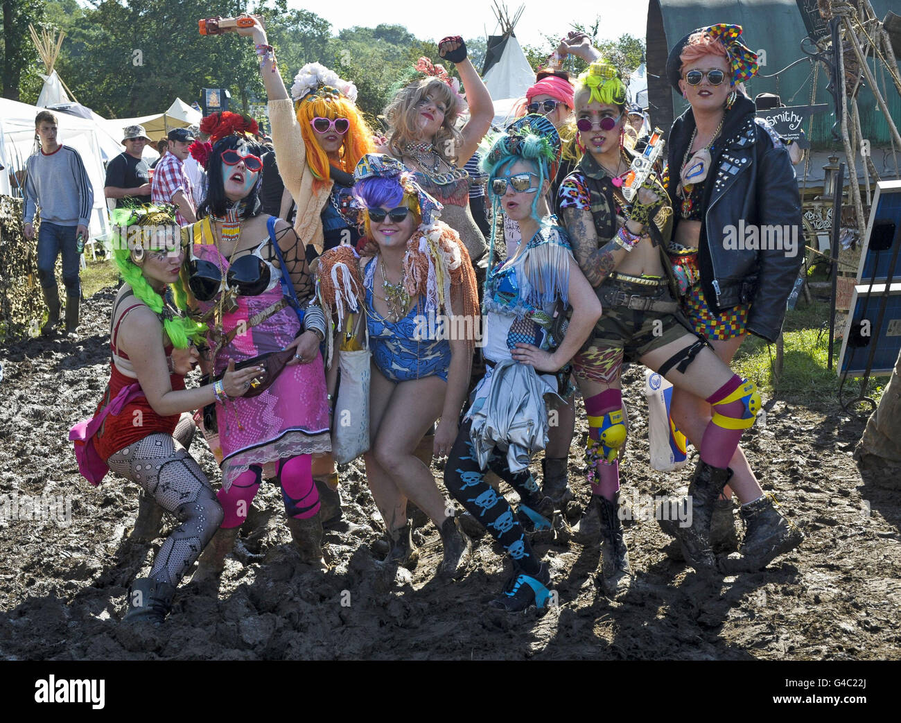 Revellers pose photograph glastonbury music festival worthy farm hi-res ...