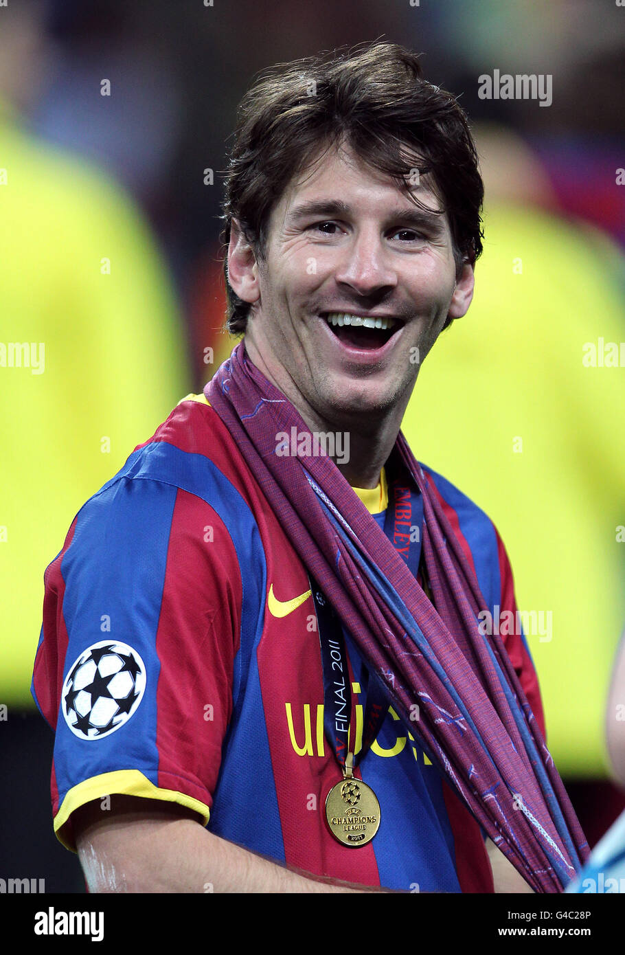 Barcelonas lionel messi celebrates winning the uefa champions league hi ...