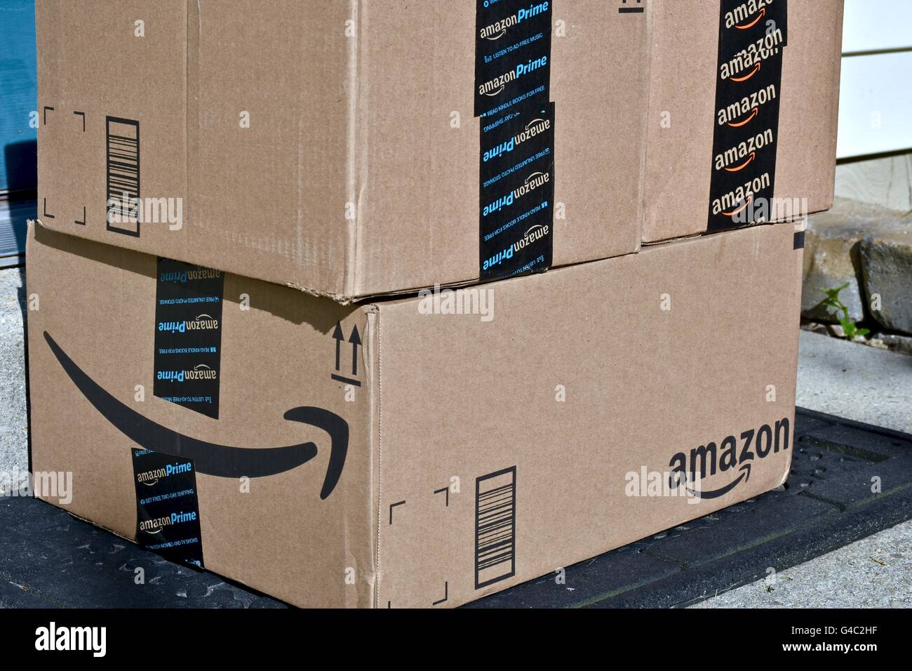 Amazon Prime boxes delivered to the front door of a home Stock Photo ...