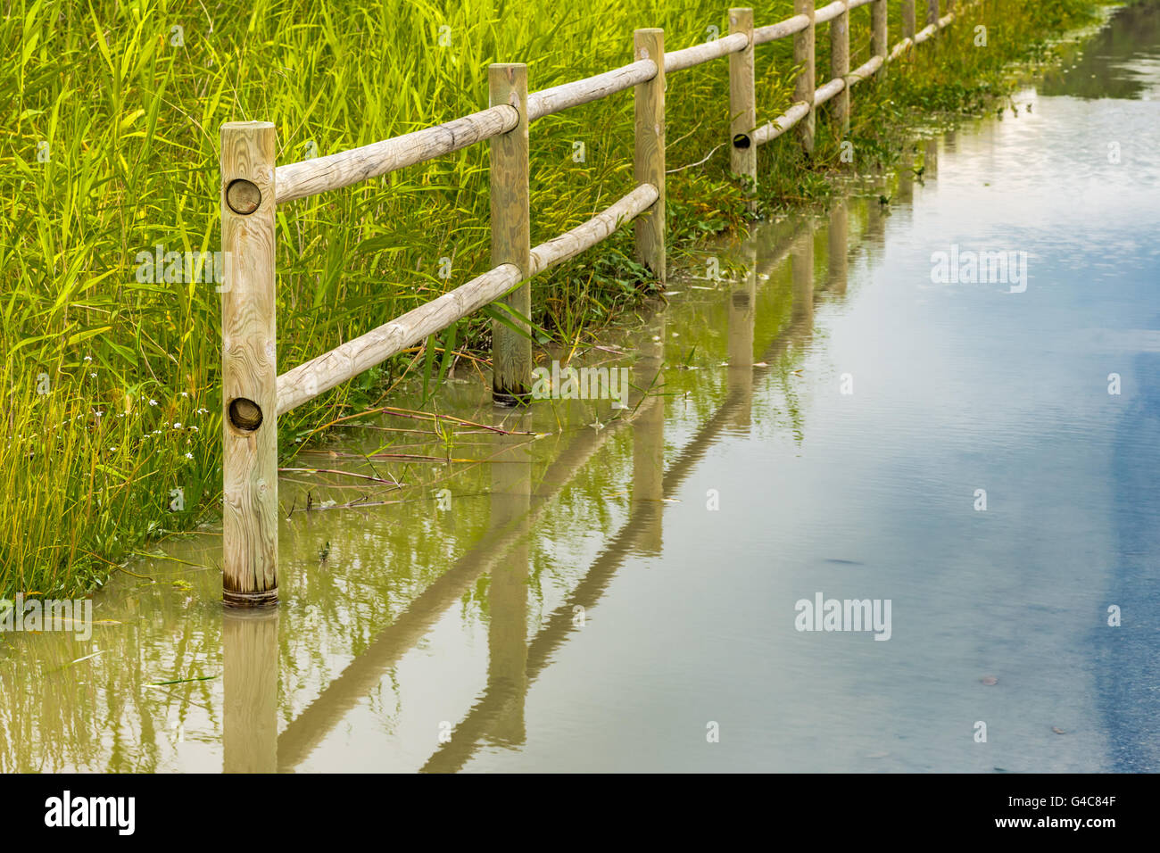 wooden fence reflected in large puddle Stock Photo - Alamy