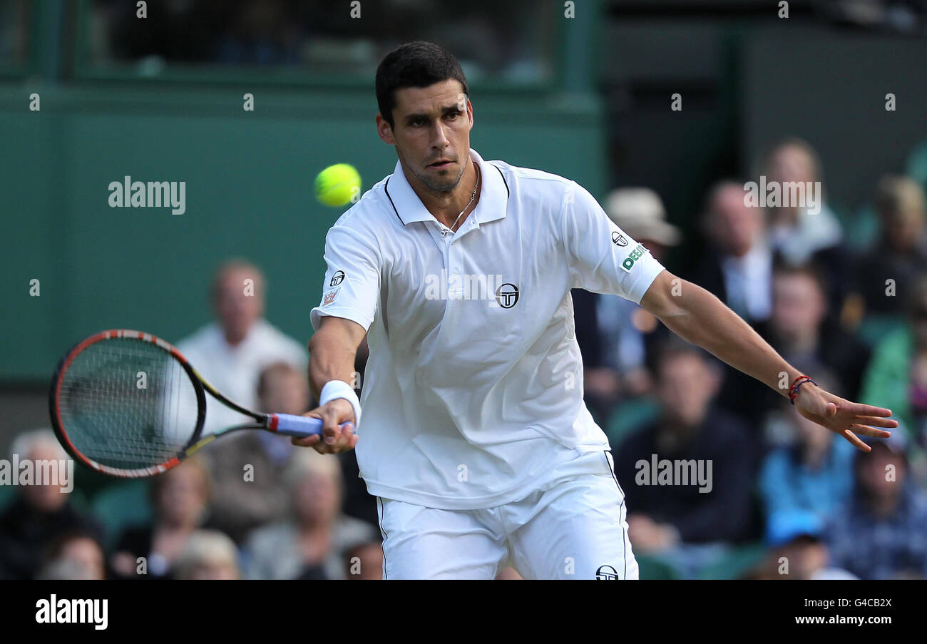 Romania's Victor Hanescu in action against USA's Andy Roddick during ...