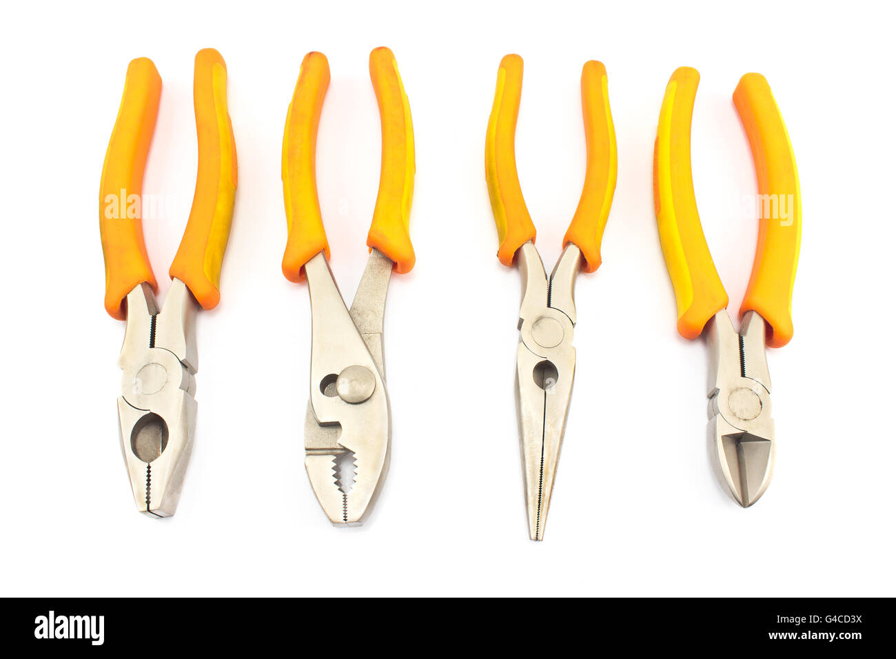 Four yellow pliers isolated on white Stock Photo - Alamy