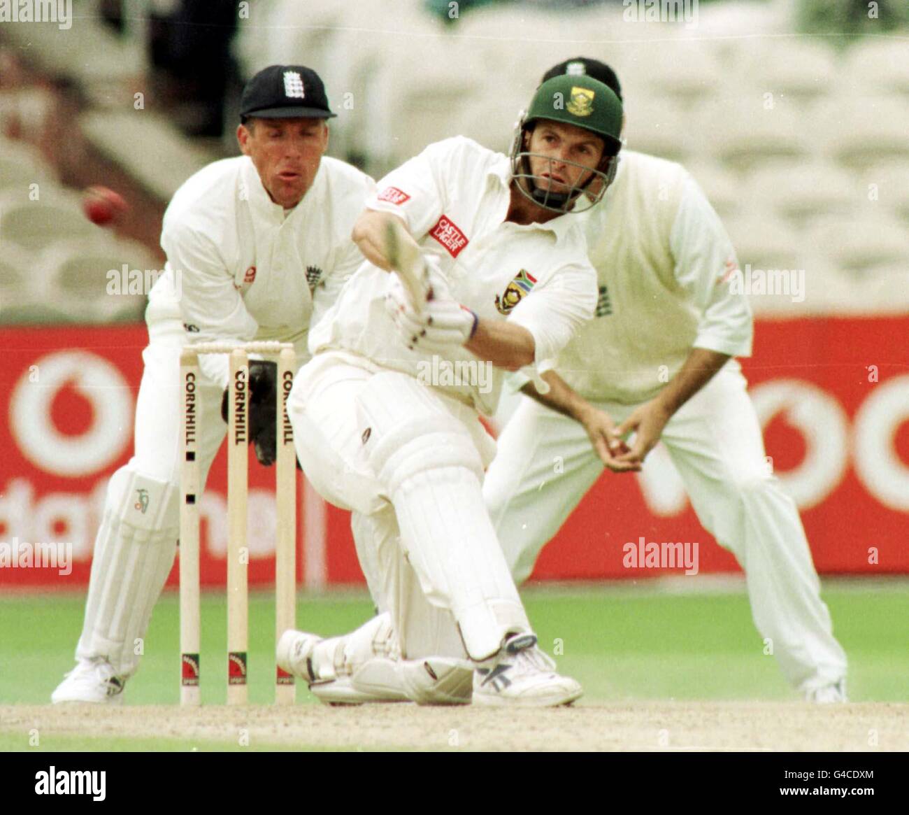 South Africa's Gary Kirsten sweeps Robert Croft for four on his way to ...