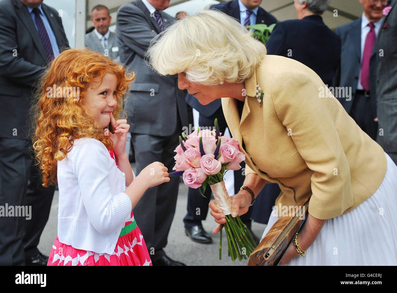 The Duchess of Cornwall talks to 5-year-old Bethan Evans, who presented ...