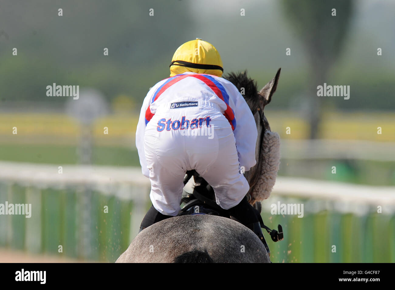 Horse Racing - Southwell Racecourse. A rear view of jockey Liam Jones ...