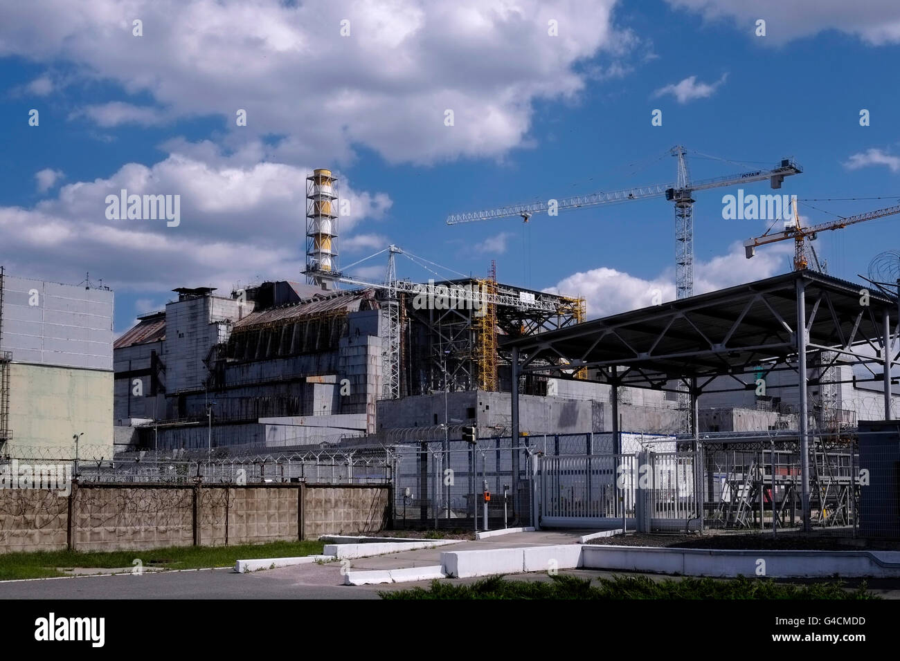 View of the concrete sarcophagus covering the damaged Reactor 4 of the ...