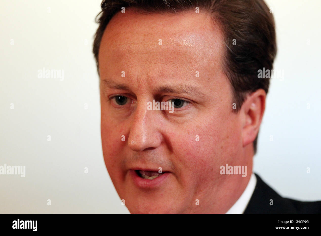 Prime Minister David Cameron speaks to reporters at 10 Downing Street ...
