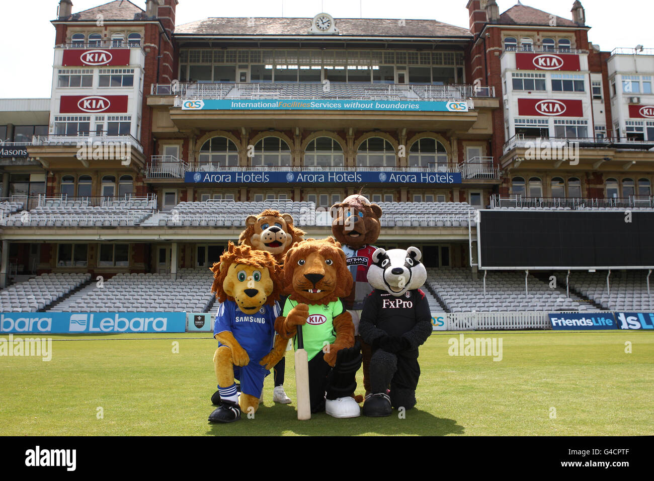 Surrey mascot Caesar the Lion (centre), Fulham mascot Billy the Badger ...