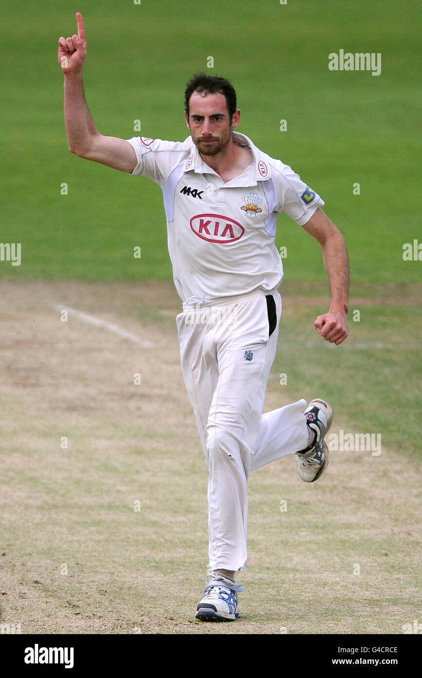 Surrey's Tim Linley celebrates getting another wicket Stock Photo - Alamy