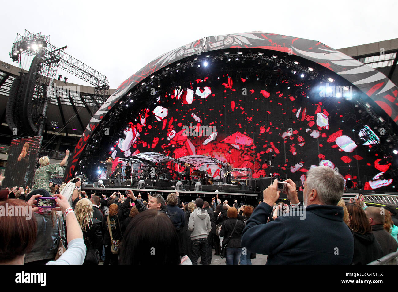 General view of the crowd and stage as Bon Jovi perform. General view ...