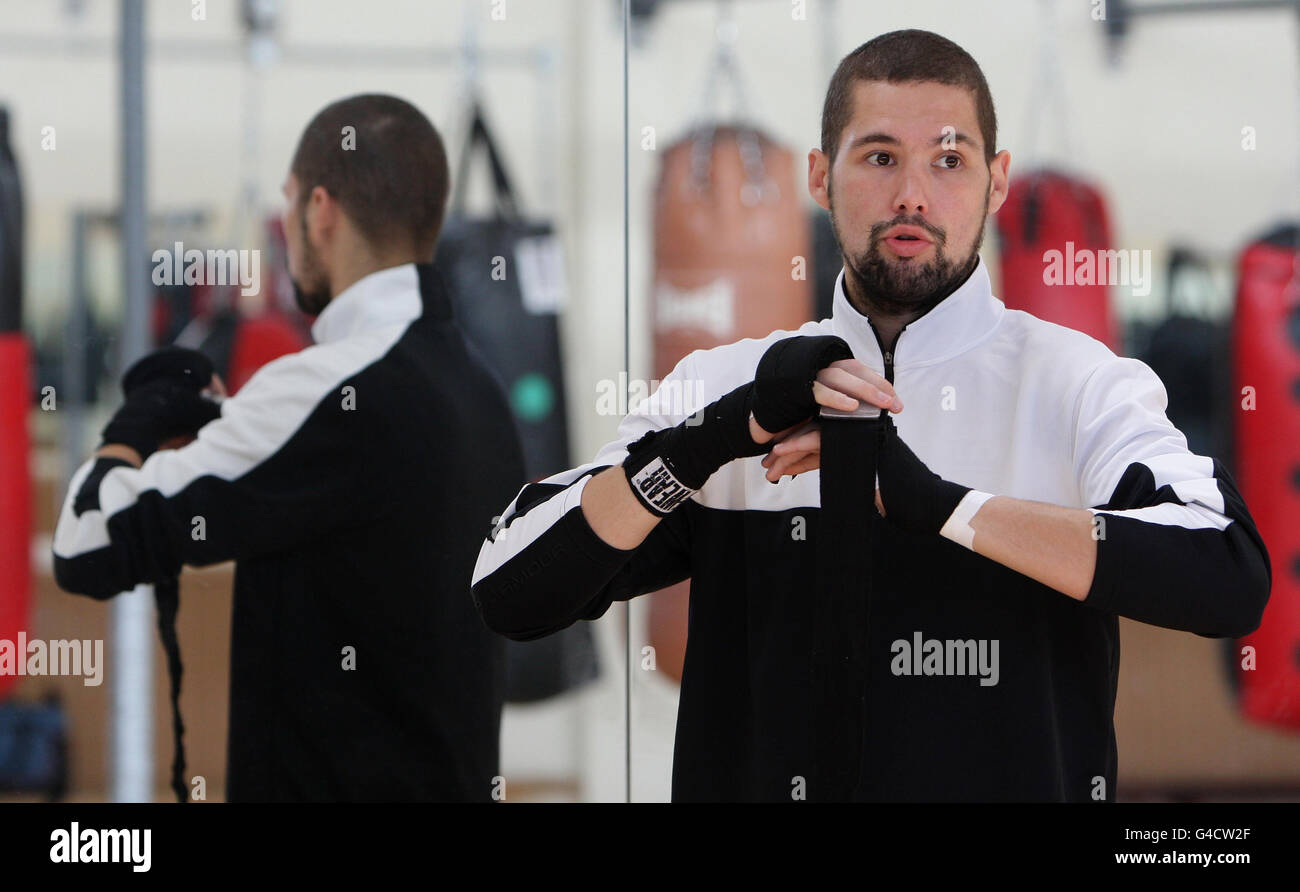 Liverpool boxer Tony Bellew wraps his hands during a photocall at the ...
