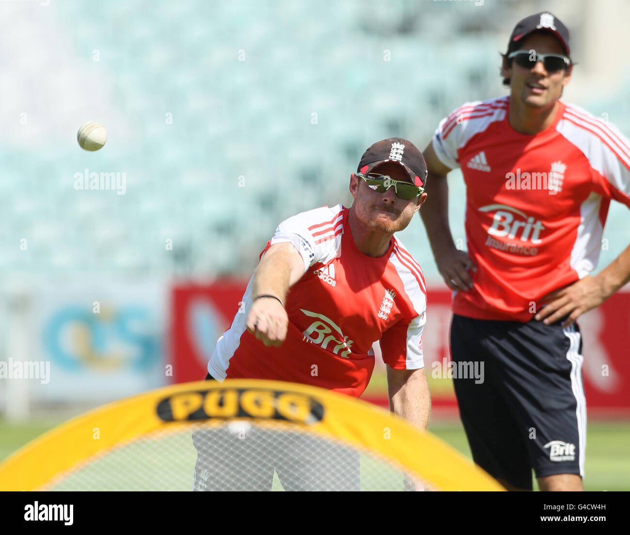 England's Ian Bell (left) and Alastair Cook during a nets session at ...