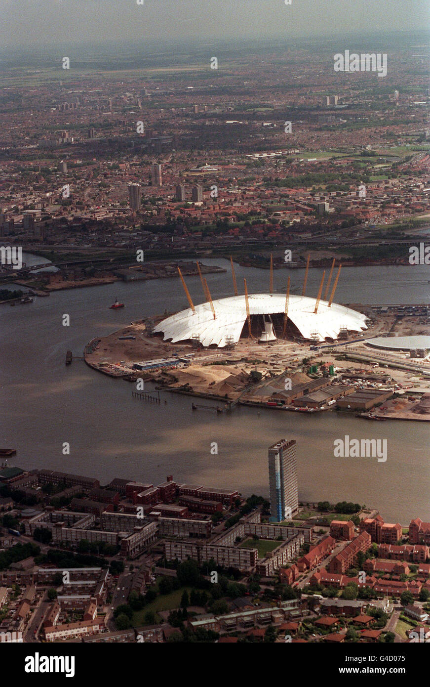 An aerial view of the Millennium Dome in Greenwich after the "topping ...