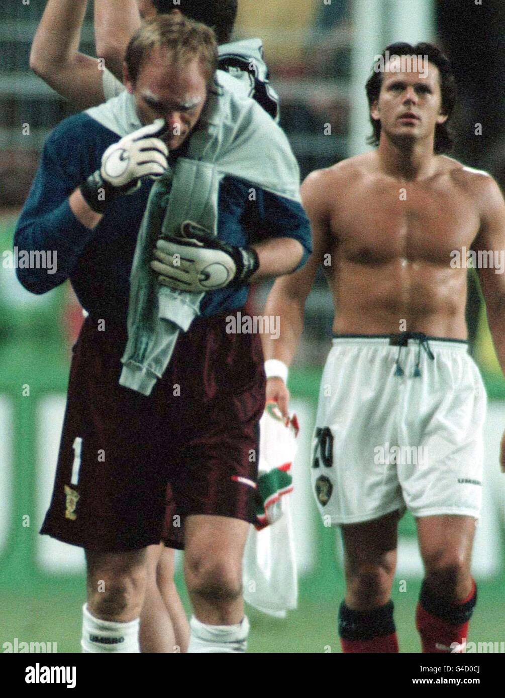 Scotland goal keeper Jim Leighton walks off the pitch dejected in St ...