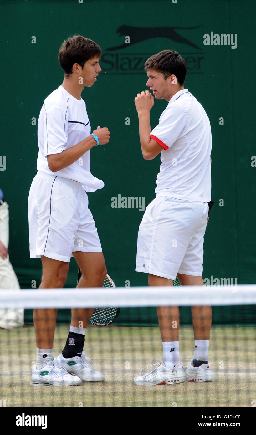 Great Britain's Oliver Golding (left) in action during the boys doubles ...