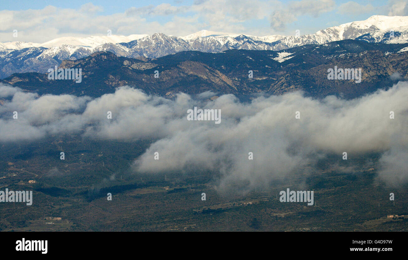 Pyrenees from Plana de Vic, aerial view. Barcelona province. Catalonia ...