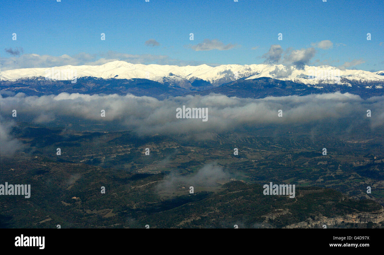 Pyrenees from Plana de Vic, aerial view. Barcelona province. Catalonia ...