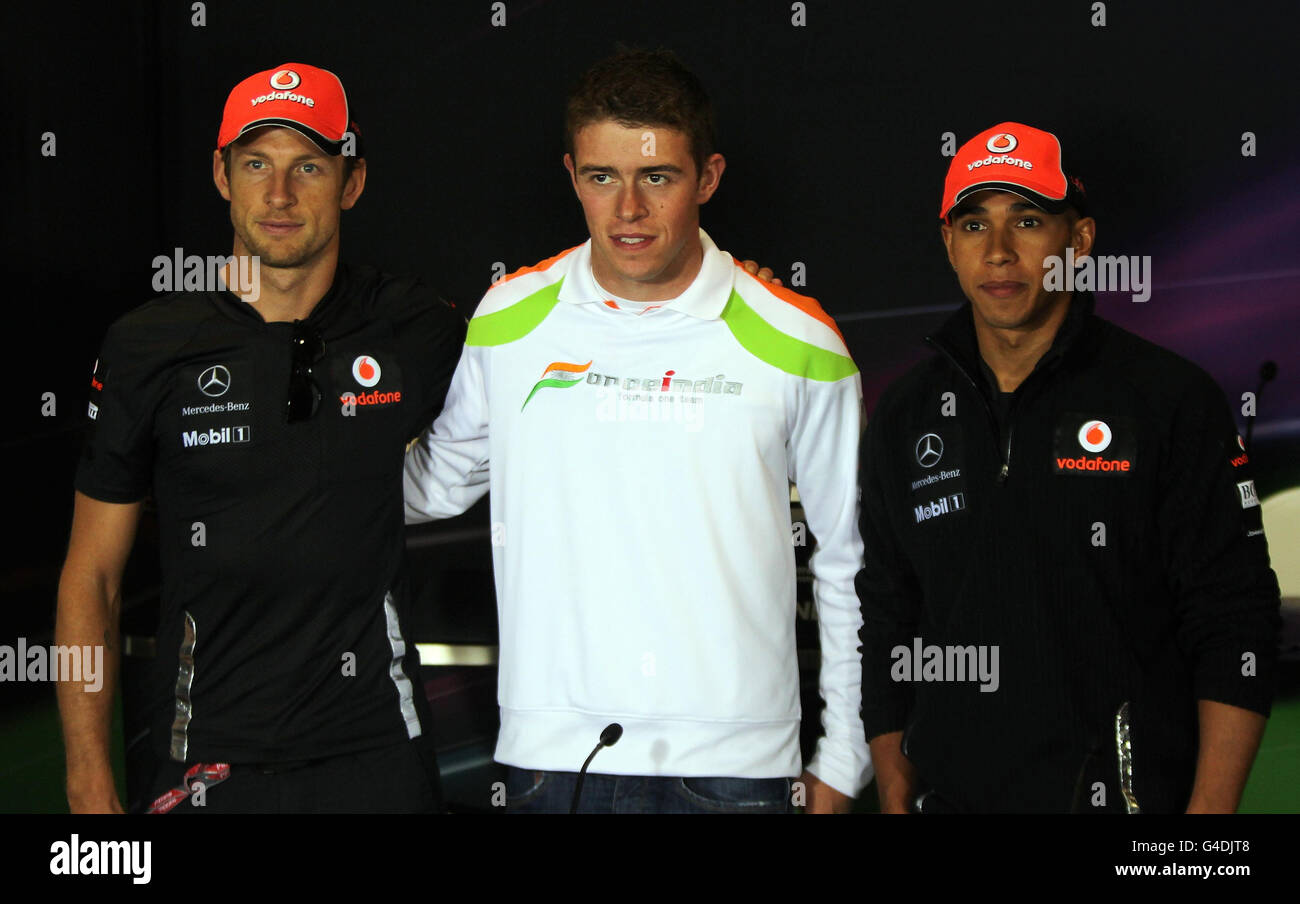 Jenson Button (left) Paul di Resta (centre) and Lewis Hamilton pose for ...
