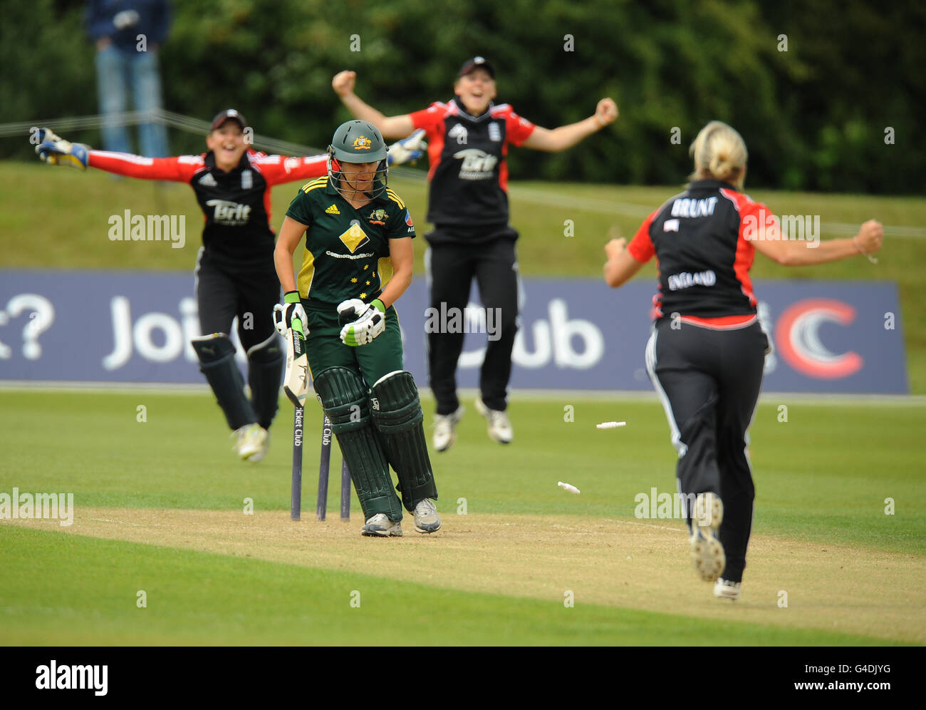 Englands katherine brunt celebrates bowling out australias shelley ...