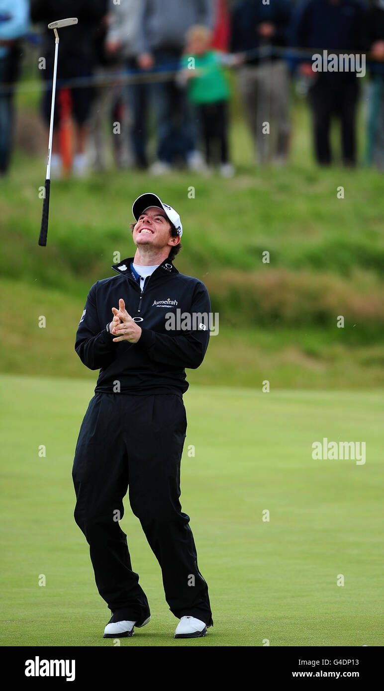 Northern Ireland's Rory McIlroy throws his putter in the air after ...