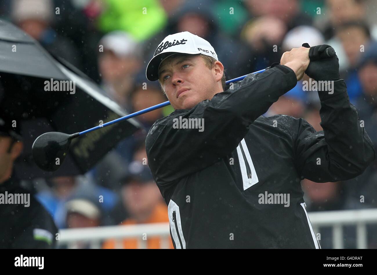 South Africa's George Coetzee tees off the first hole during round ...
