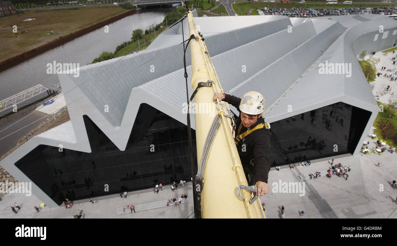 Jamie Hunter checks the rigging onboard the tall ship Glenlee during ...