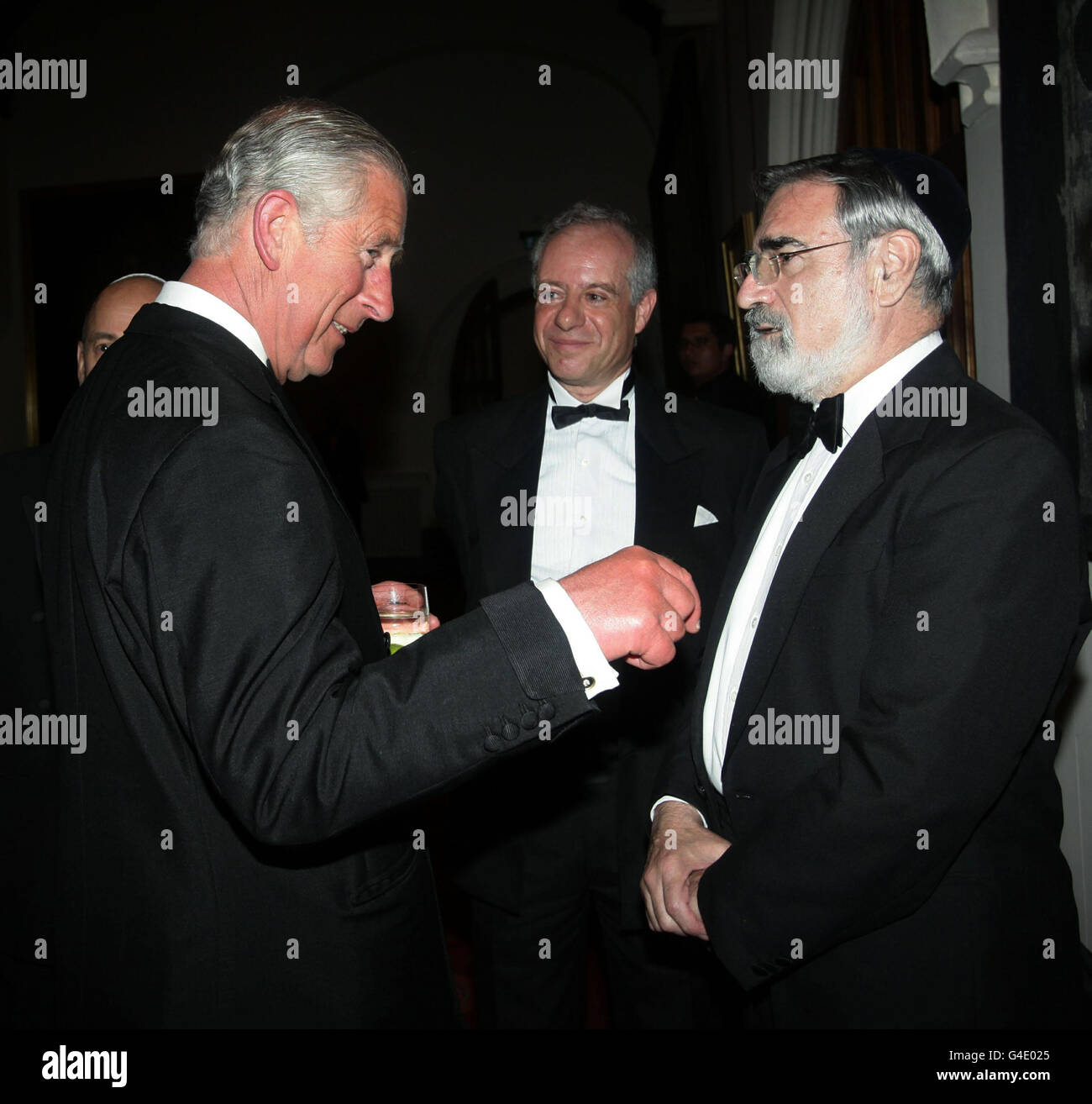 The Prince of Wales greets Chief Rabbi Lord Sacks during a reception at ...