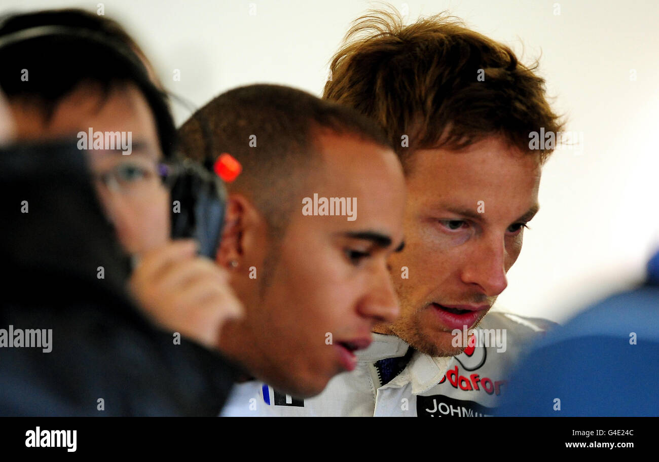 McLaren Mercedes' Jenson Button of Great Britain and Lewis Hamilton of ...