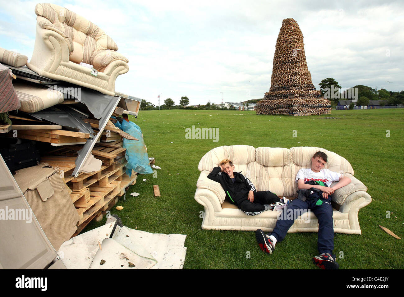 Youths at one of the biggest 11th night bonfires in New Mossley, on the ...