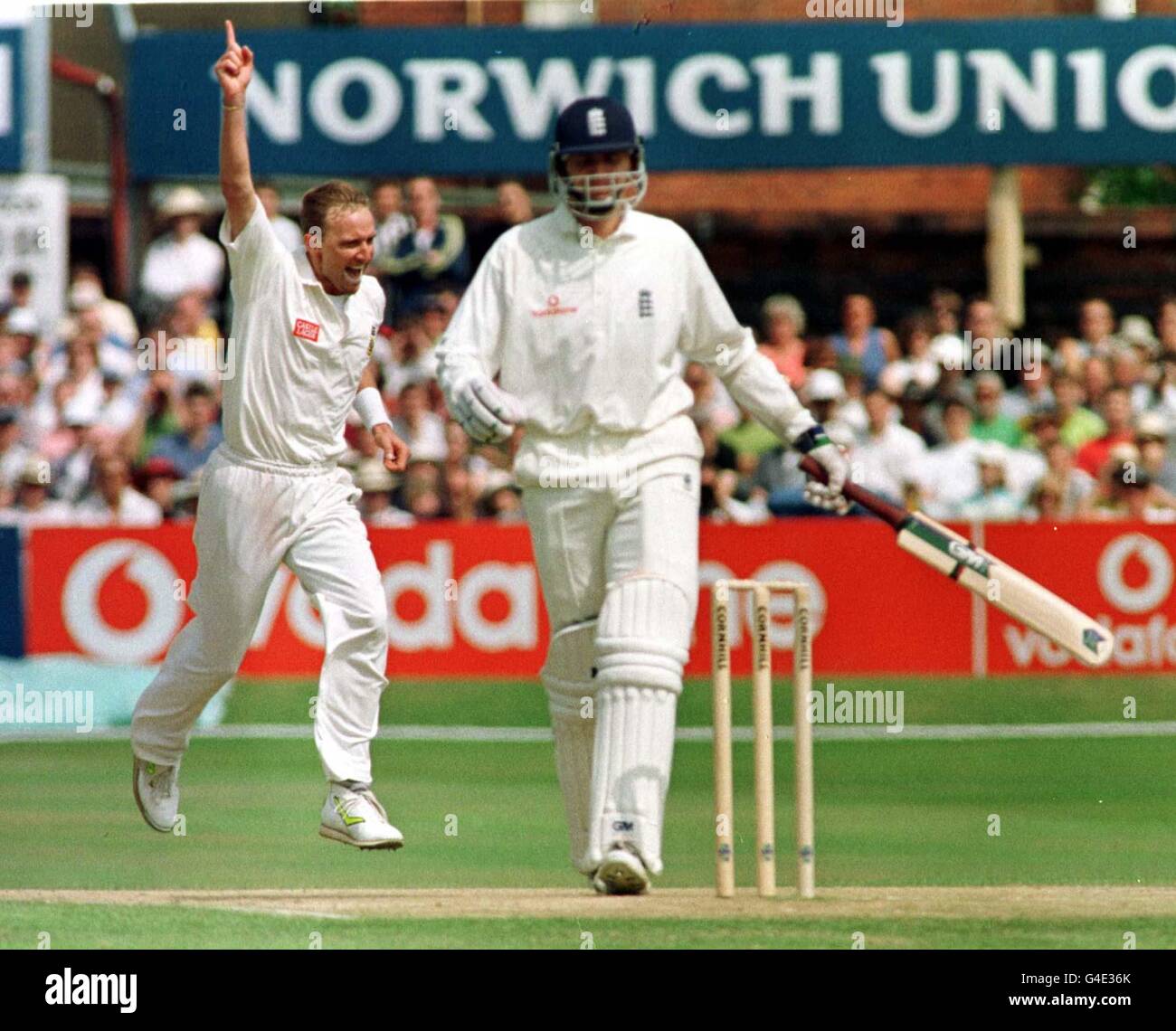 South Africa's Allan Donald celebrates the dismissal of England's ...