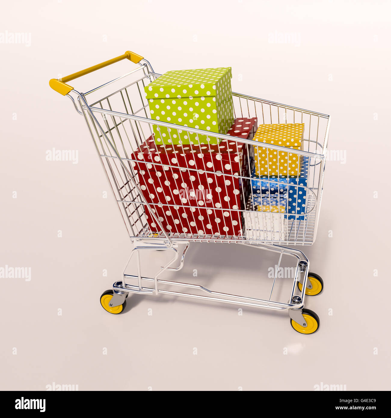 3d render: shopping cart full of boxes, gift buying Stock Photo - Alamy
