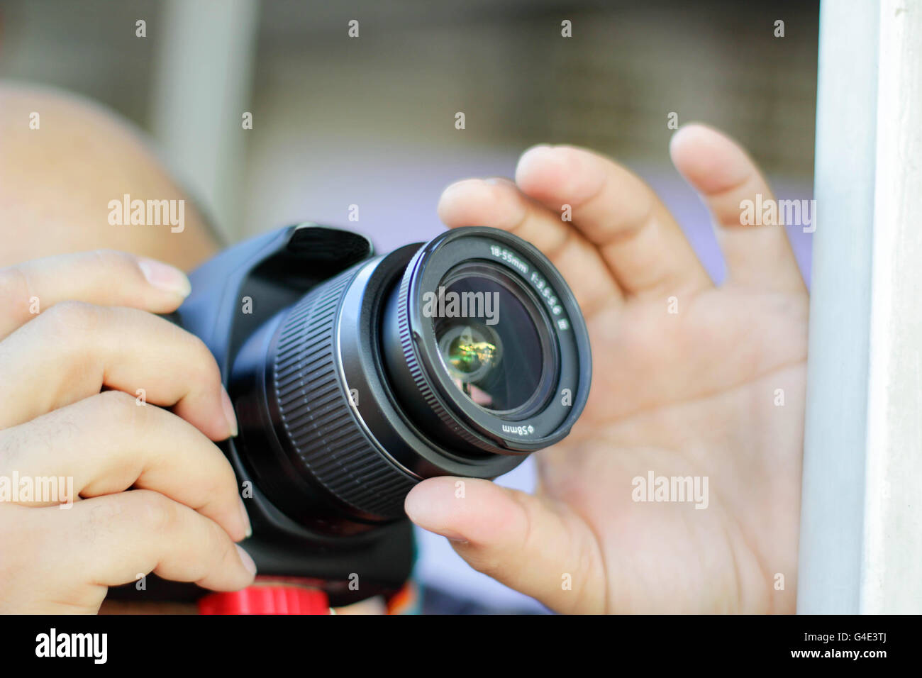 Photograph of a black reflex camera and blurred background Stock Photo ...