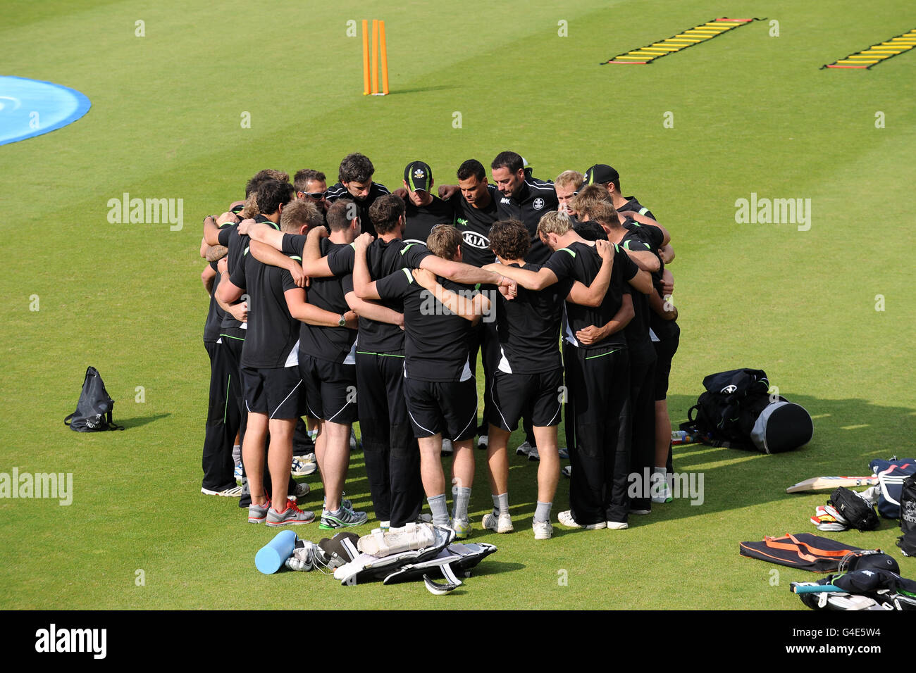 A general view of the Surrey Lions in a team huddle before the game ...