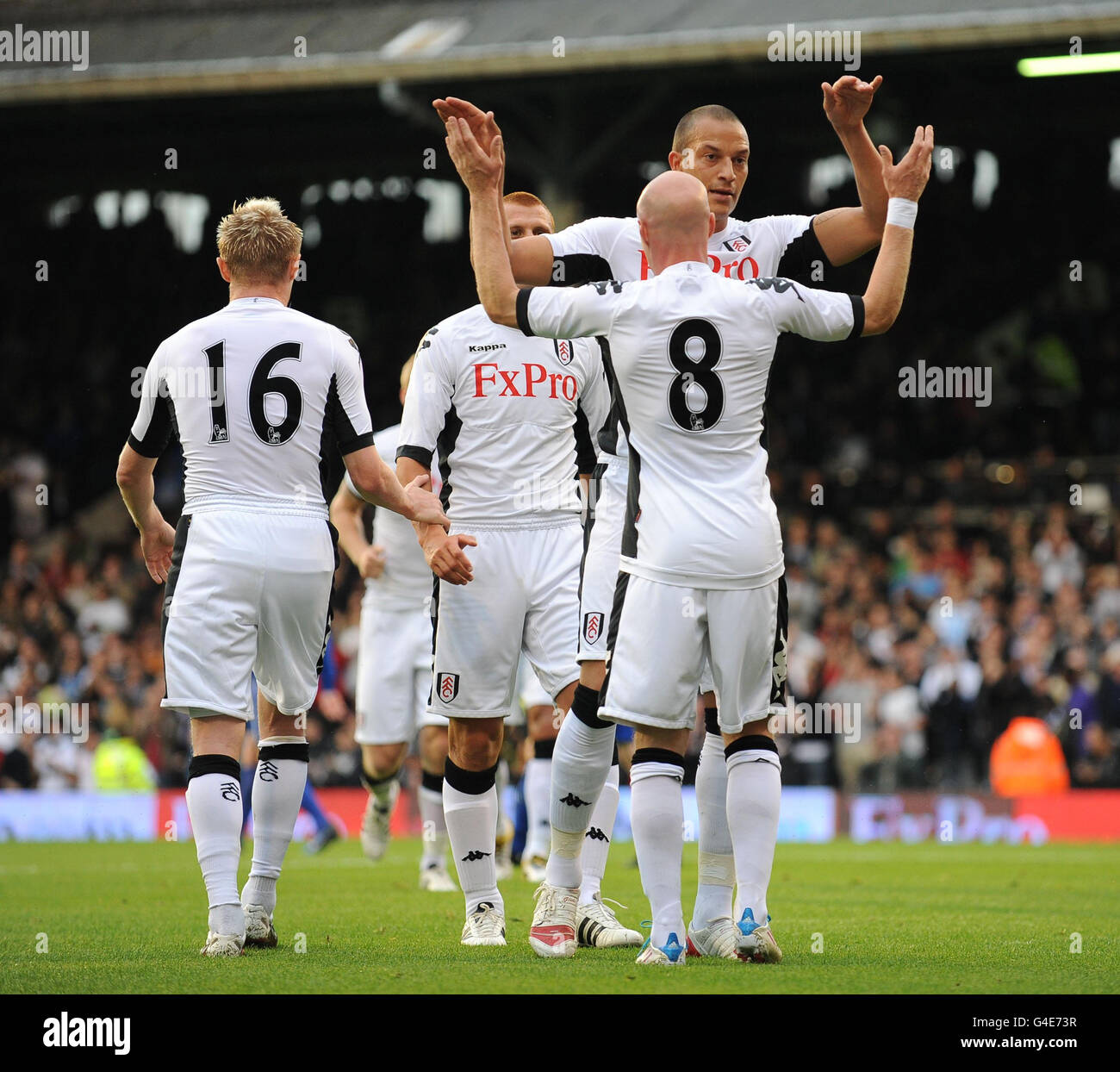Fulham's Andrew Johnson celebrates with Bobby Zamora after scoring the ...